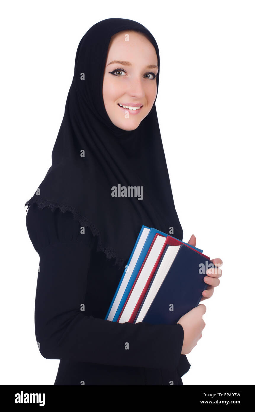 Young muslim student with books on white Stock Photo - Alamy