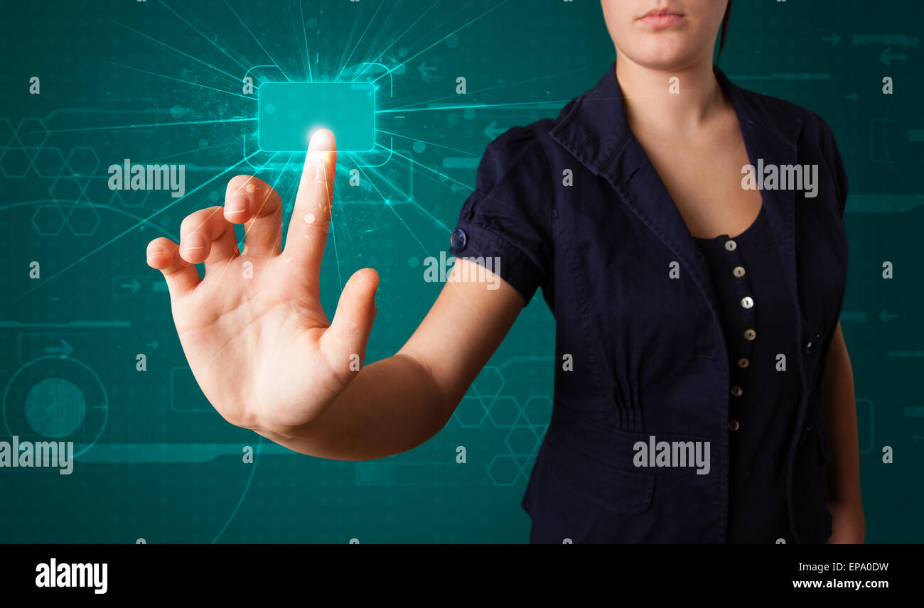 Woman pressing high tech type of modern buttons Stock Photo - Alamy
