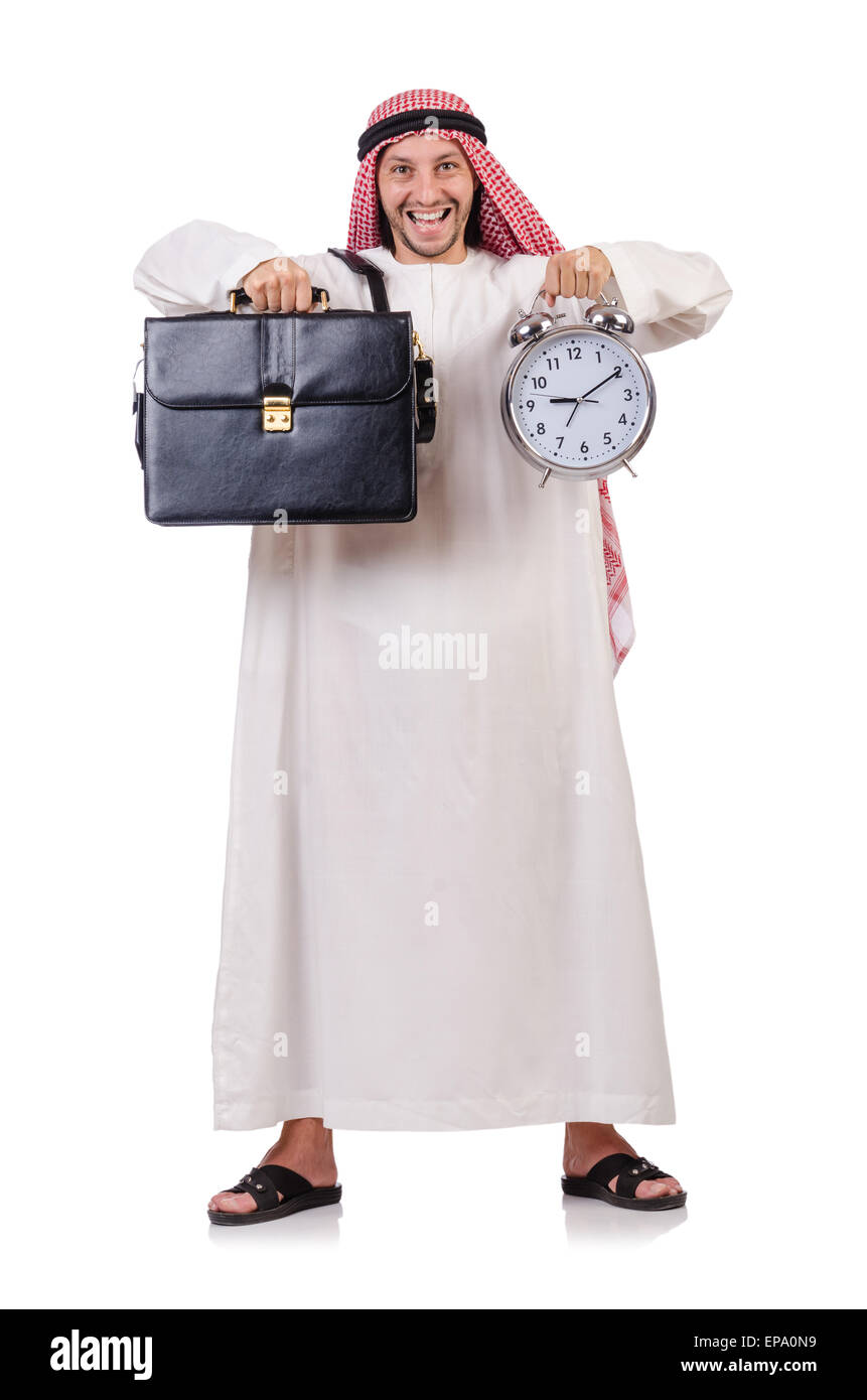 Arab man in time concept on white Stock Photo - Alamy