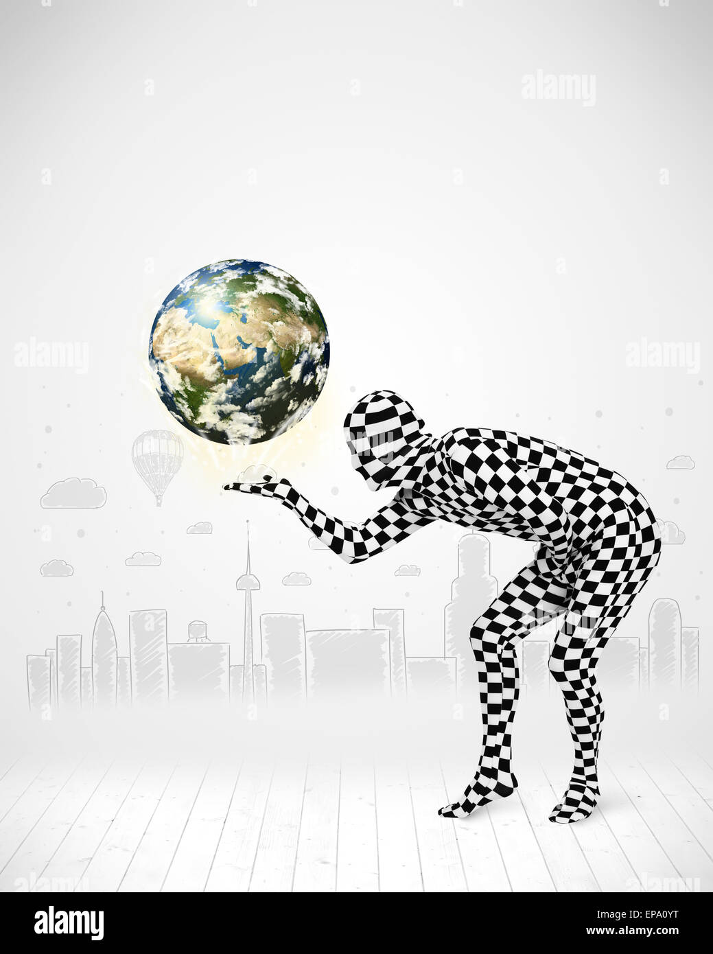 man in full body suit holding planet earth Stock Photo - Alamy