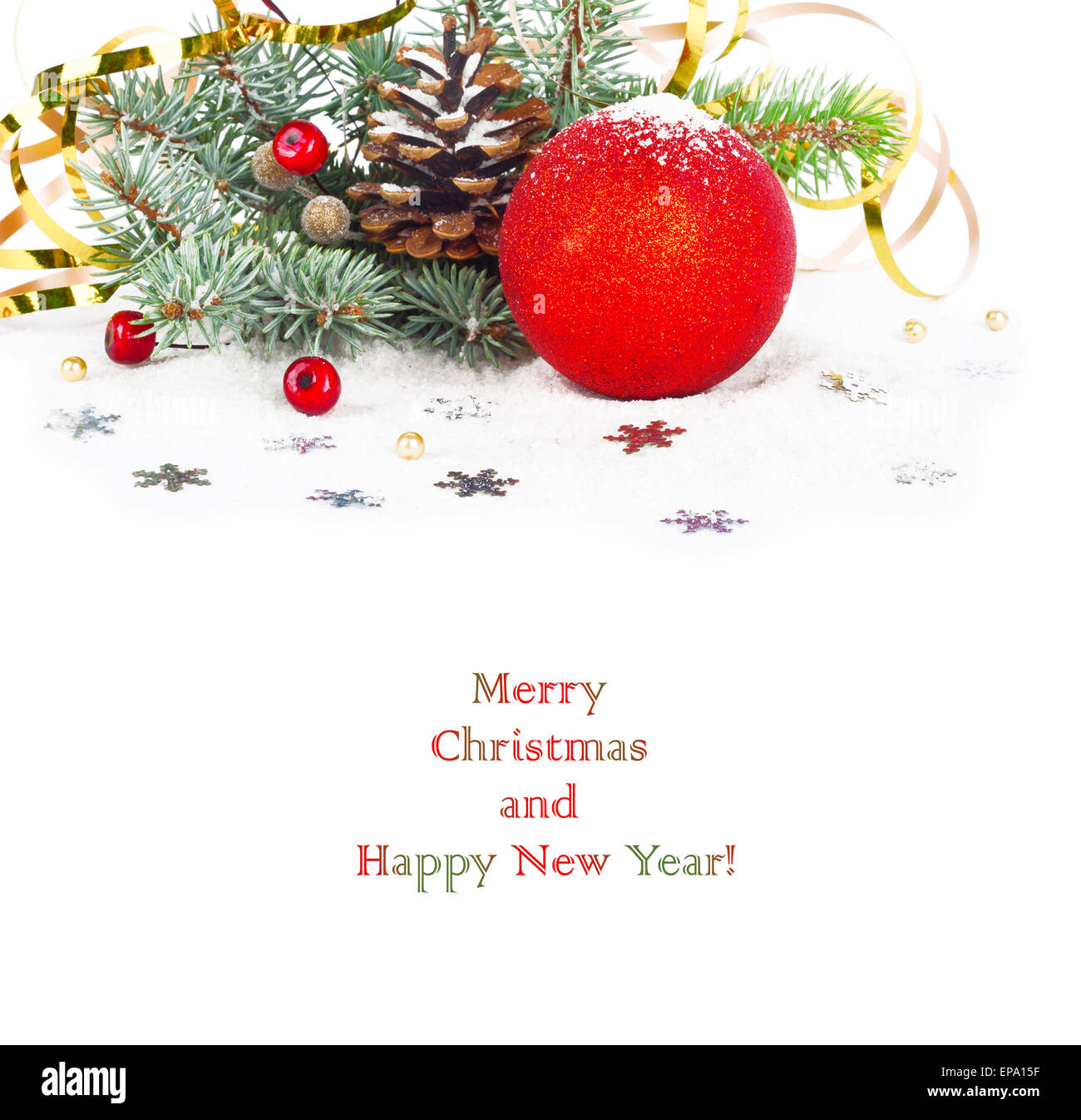 Christmas tree branch with gold serpentine and red sphere on white ...