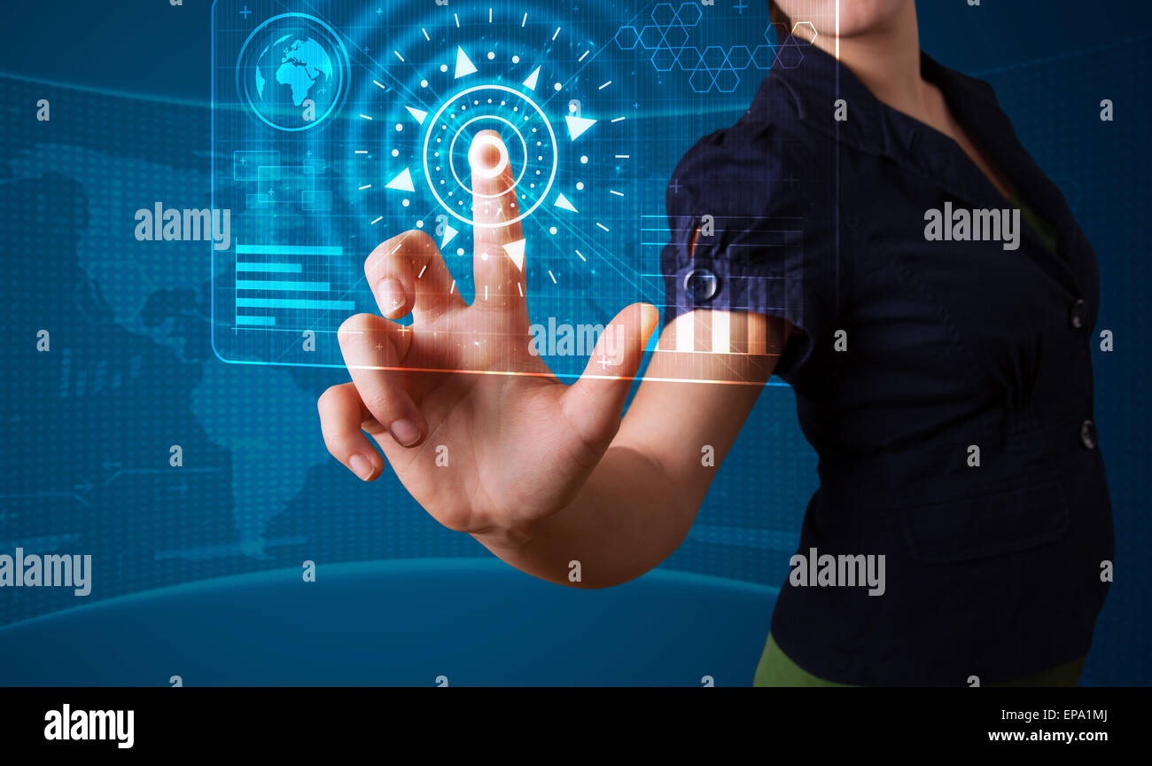 Woman pressing high tech type of modern buttons Stock Photo - Alamy