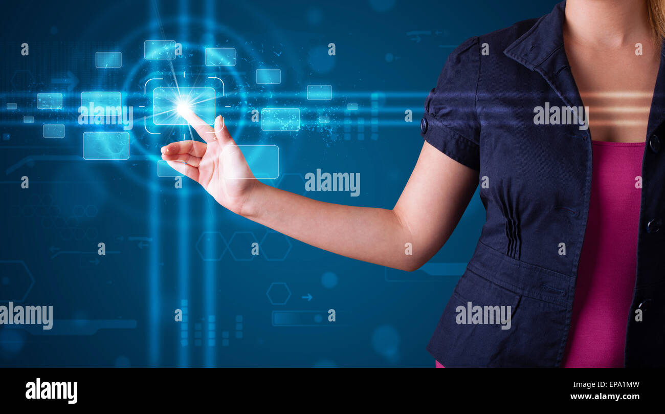 Woman pressing high tech type of modern buttons Stock Photo - Alamy
