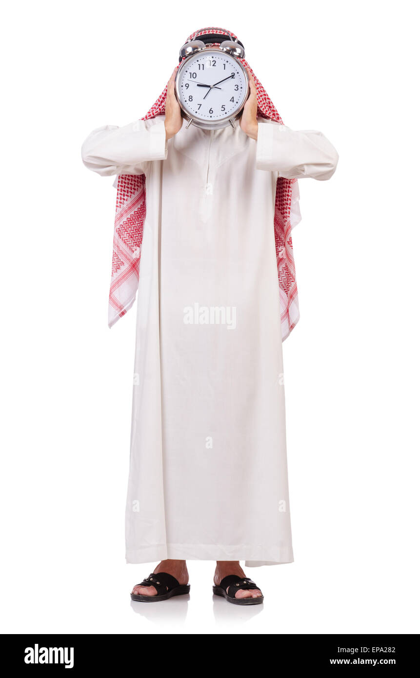 Arab man in time concept on white Stock Photo - Alamy