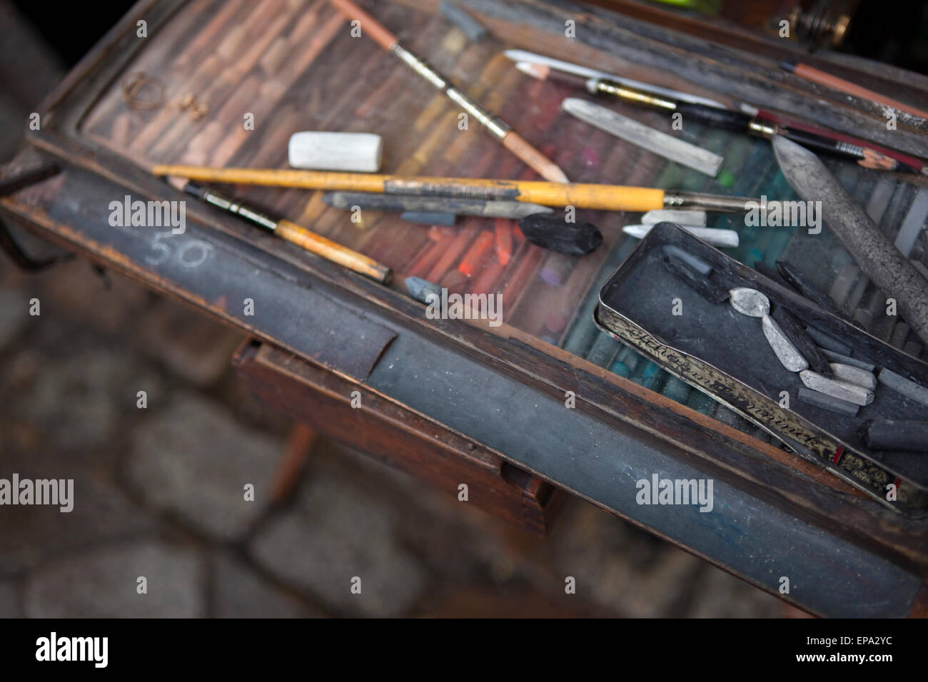 Old painter box with brushes and stencils, Montmartre, Paris Stock ...