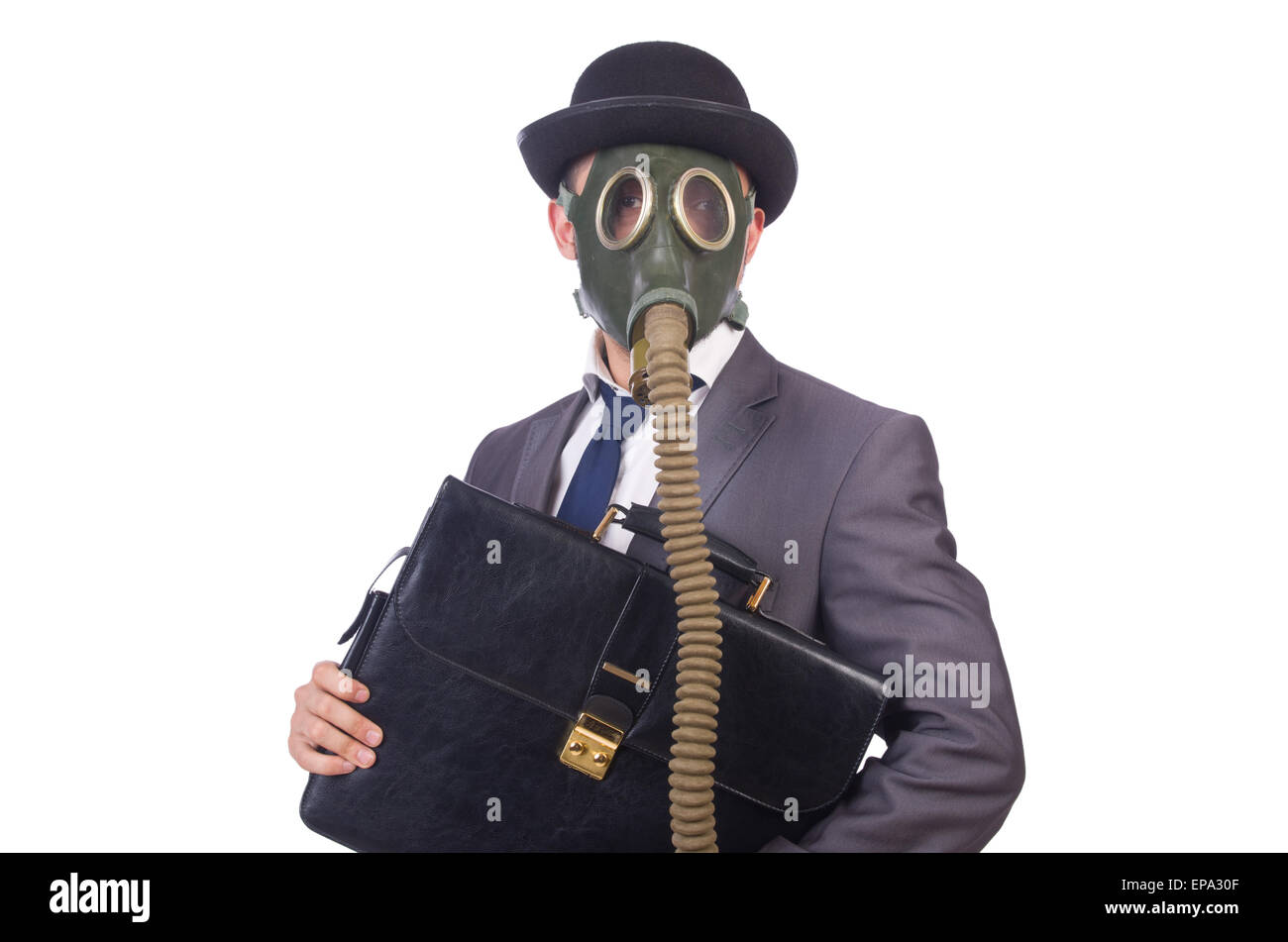 Businessman wearing gas mask isolated on white Stock Photo - Alamy