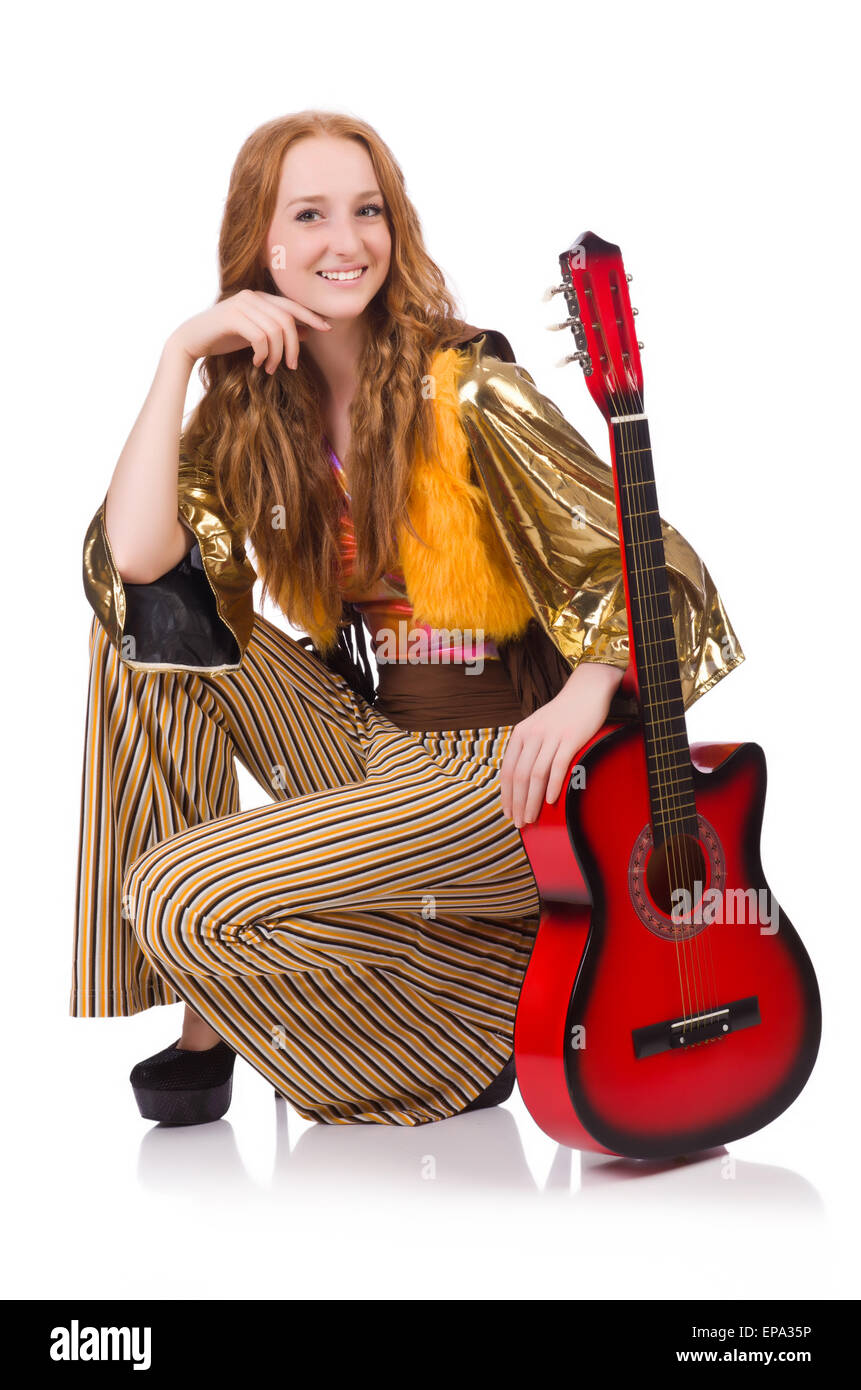 Young girl with guitar on white Stock Photo - Alamy