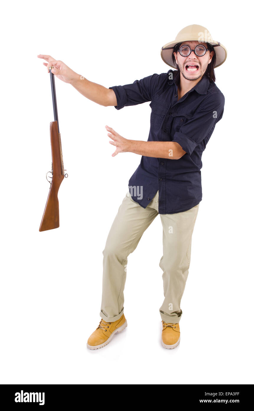 Funny hunter wearing safari hat Stock Photo - Alamy