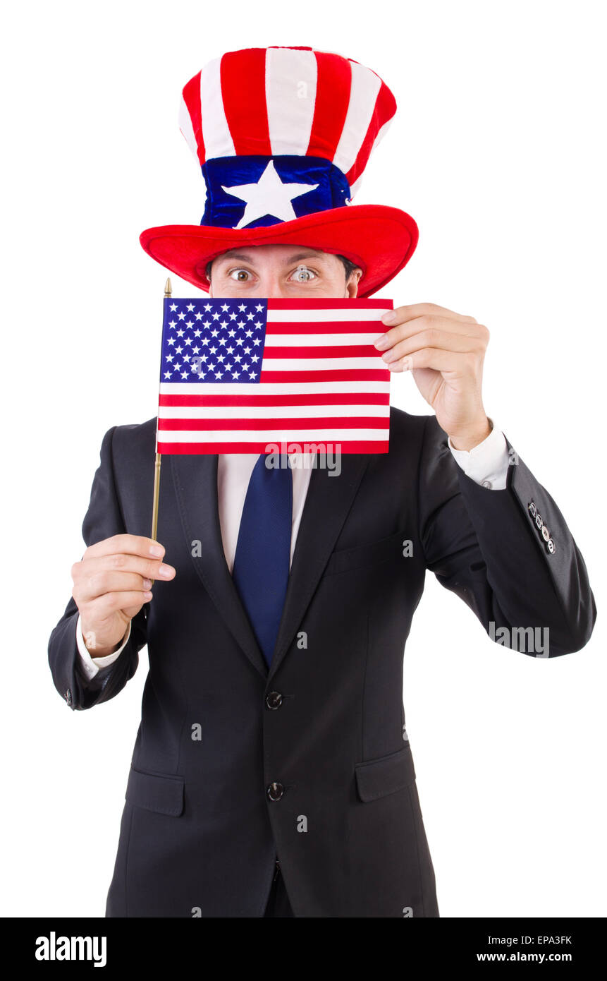 Man with american flag isolated on white Stock Photo - Alamy