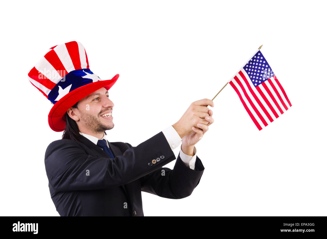 Man with american flag isolated on white Stock Photo - Alamy