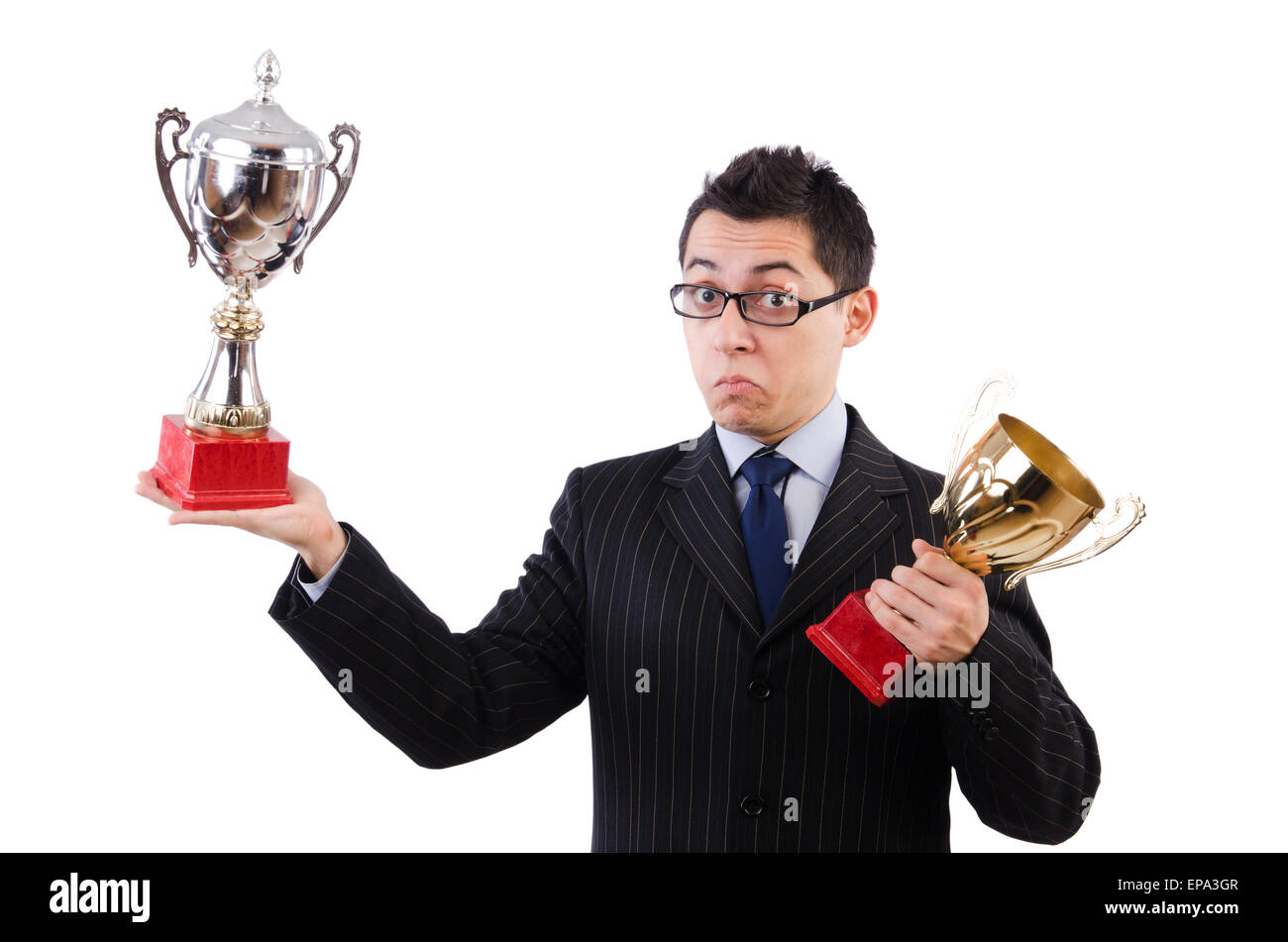 Funny guy receiving award on white Stock Photo - Alamy