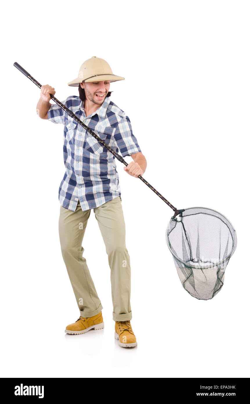 Funny guy with catching net on white Stock Photo - Alamy