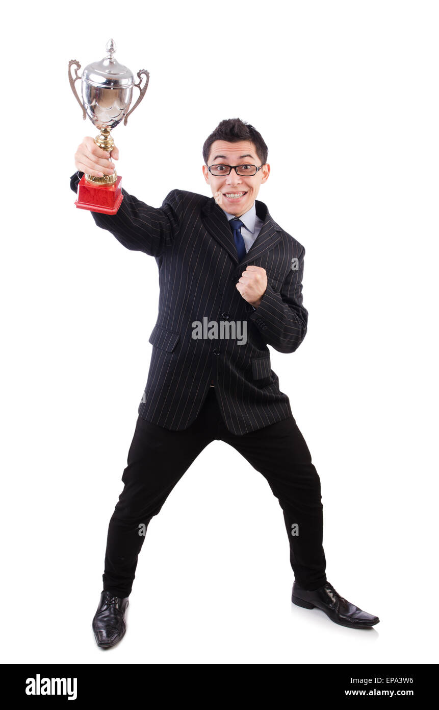 Funny guy receiving award on white Stock Photo - Alamy