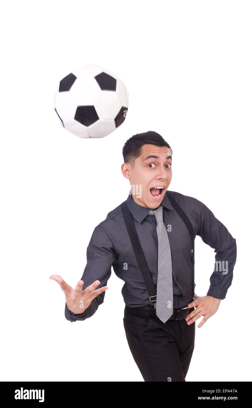 Funny man with football isolated on white Stock Photo - Alamy