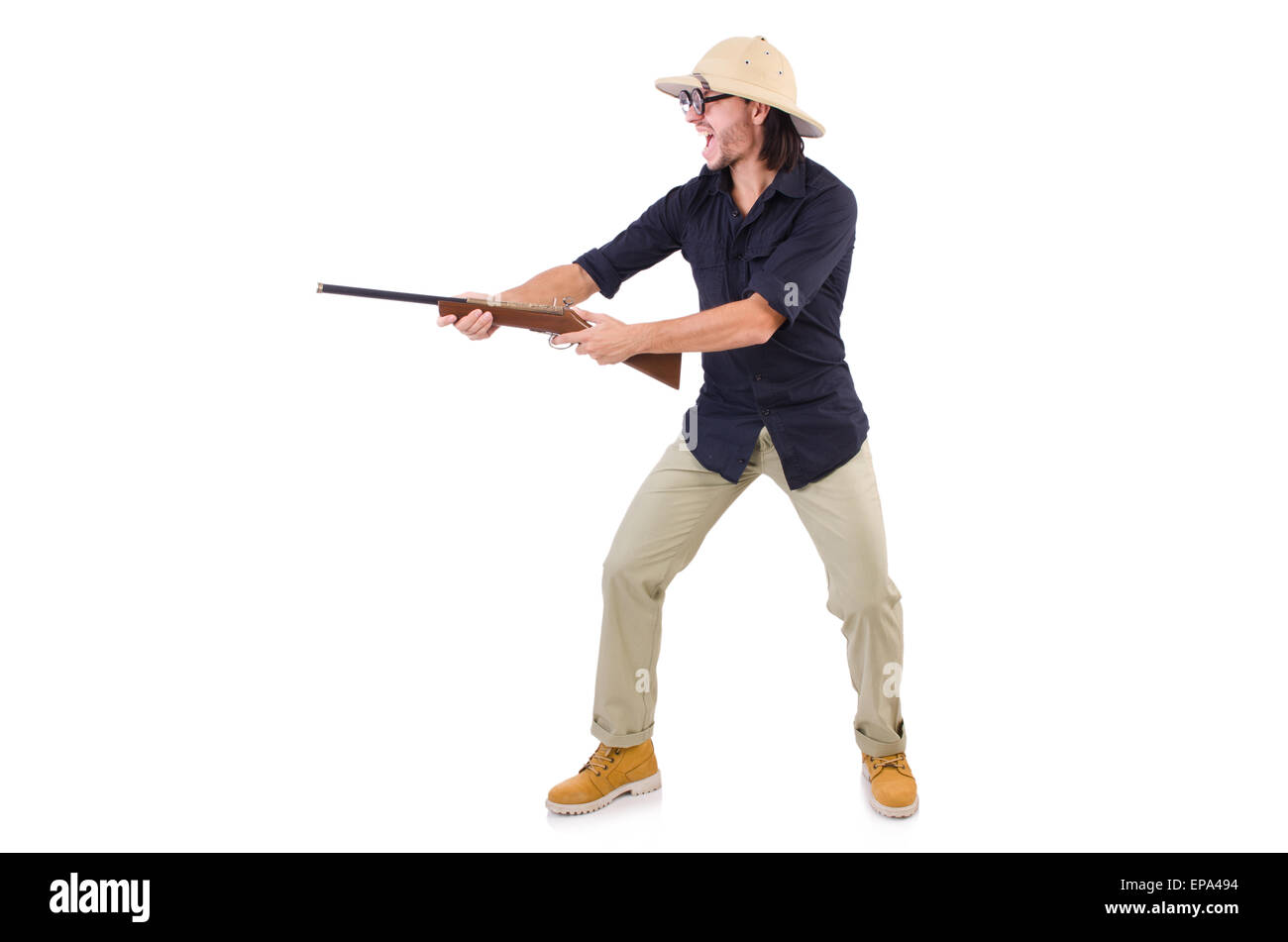 Funny hunter wearing safari hat Stock Photo - Alamy
