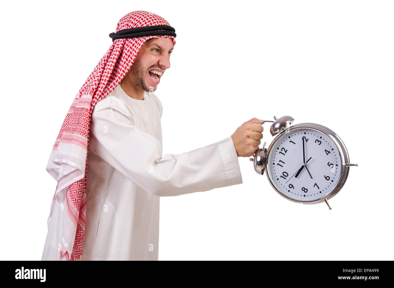 Arab man in time concept on white Stock Photo - Alamy