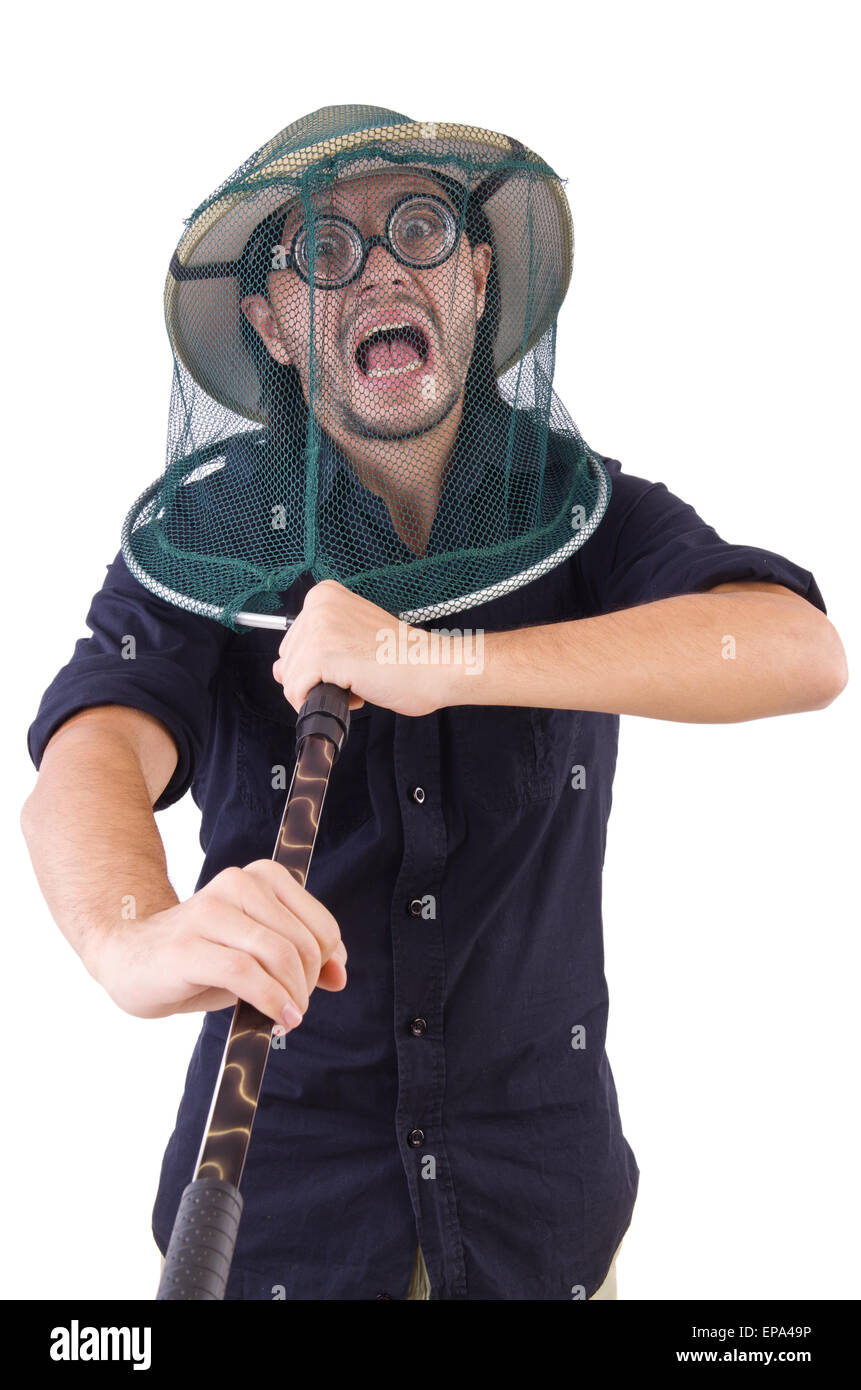 Funny guy with catching net on white Stock Photo - Alamy