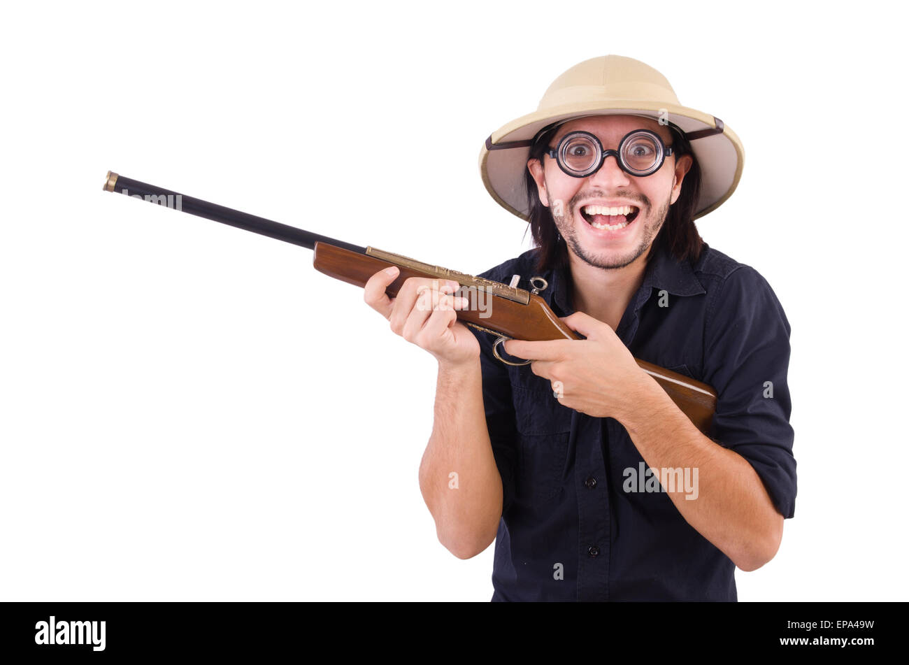 Funny hunter wearing safari hat Stock Photo - Alamy