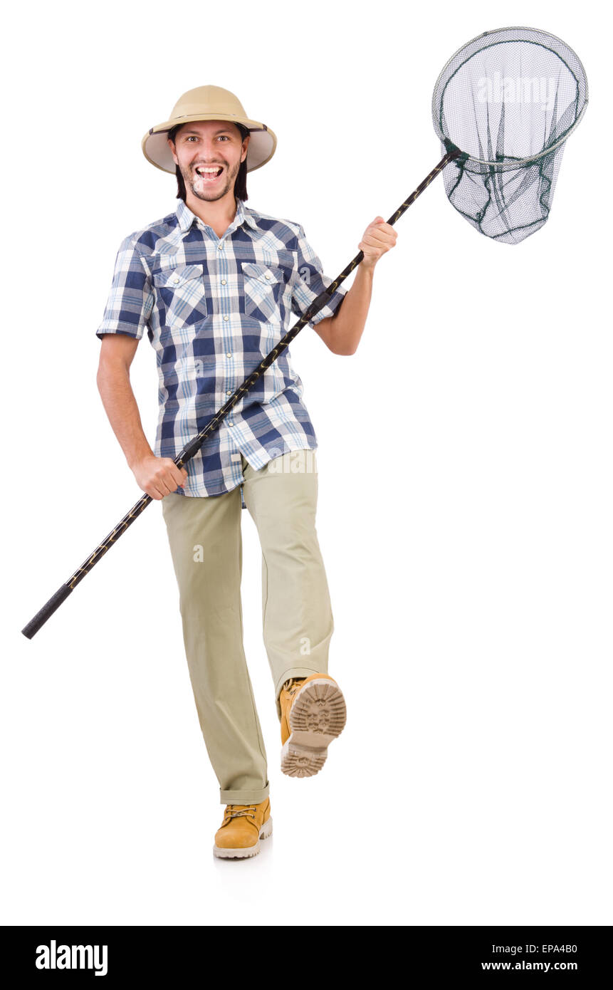 Funny guy with catching net on white Stock Photo - Alamy