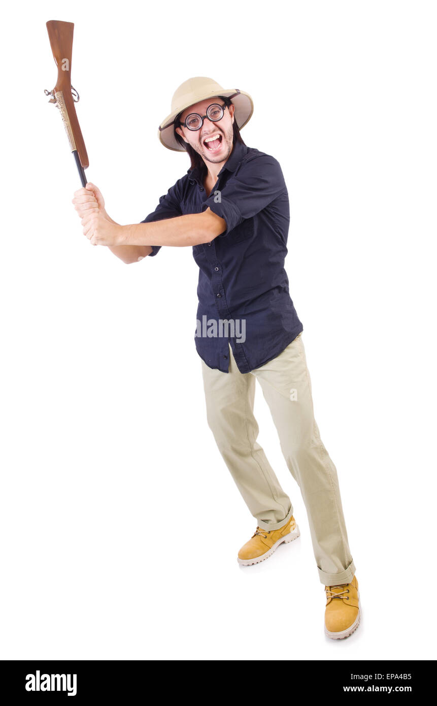 Funny hunter wearing safari hat Stock Photo - Alamy