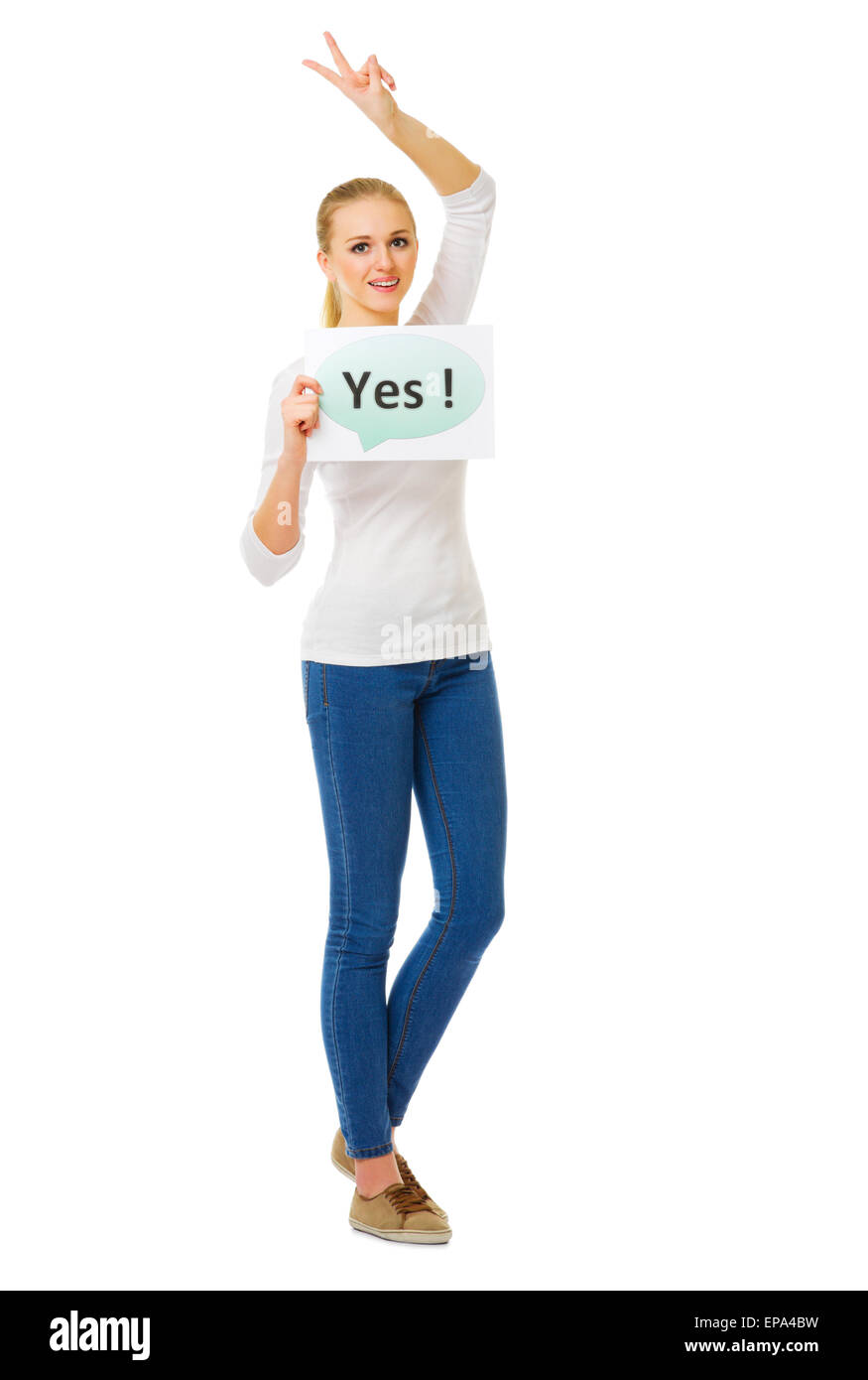 Young girl with yes banner isolated Stock Photo - Alamy