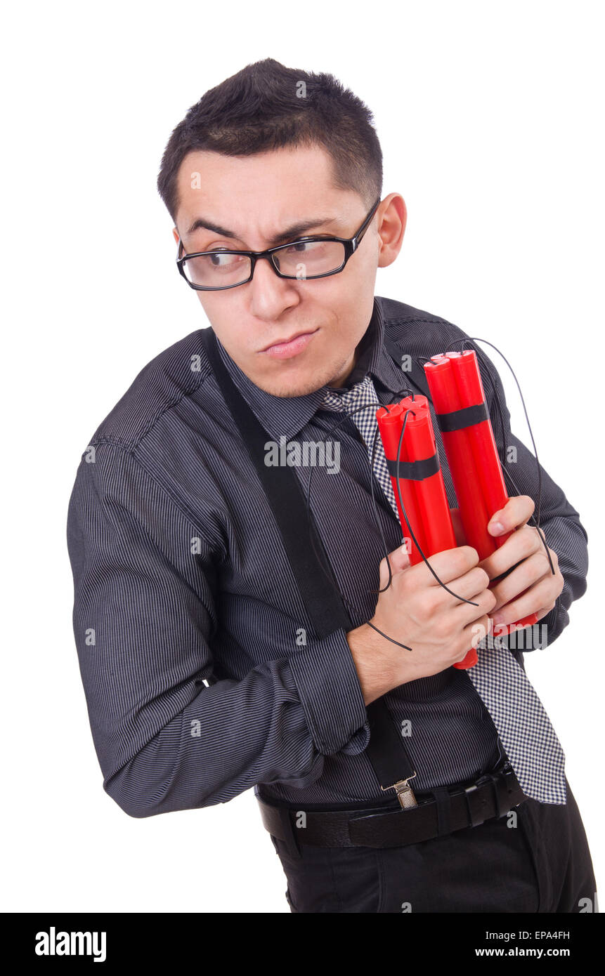 Businessman with dynamite isolated on white Stock Photo - Alamy