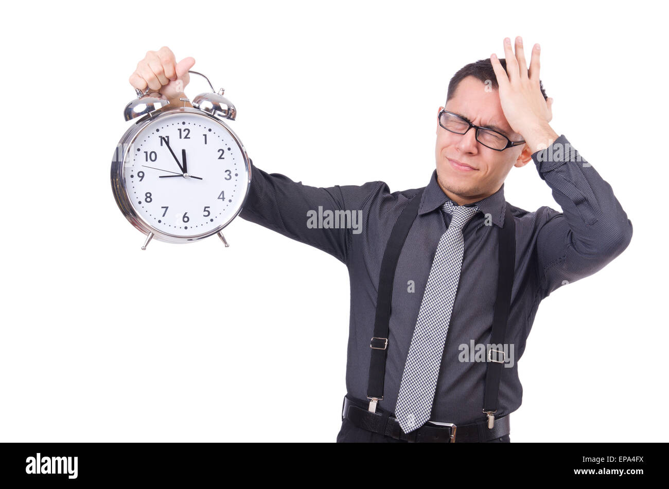 Funny businessman with clock isolated on white Stock Photo - Alamy