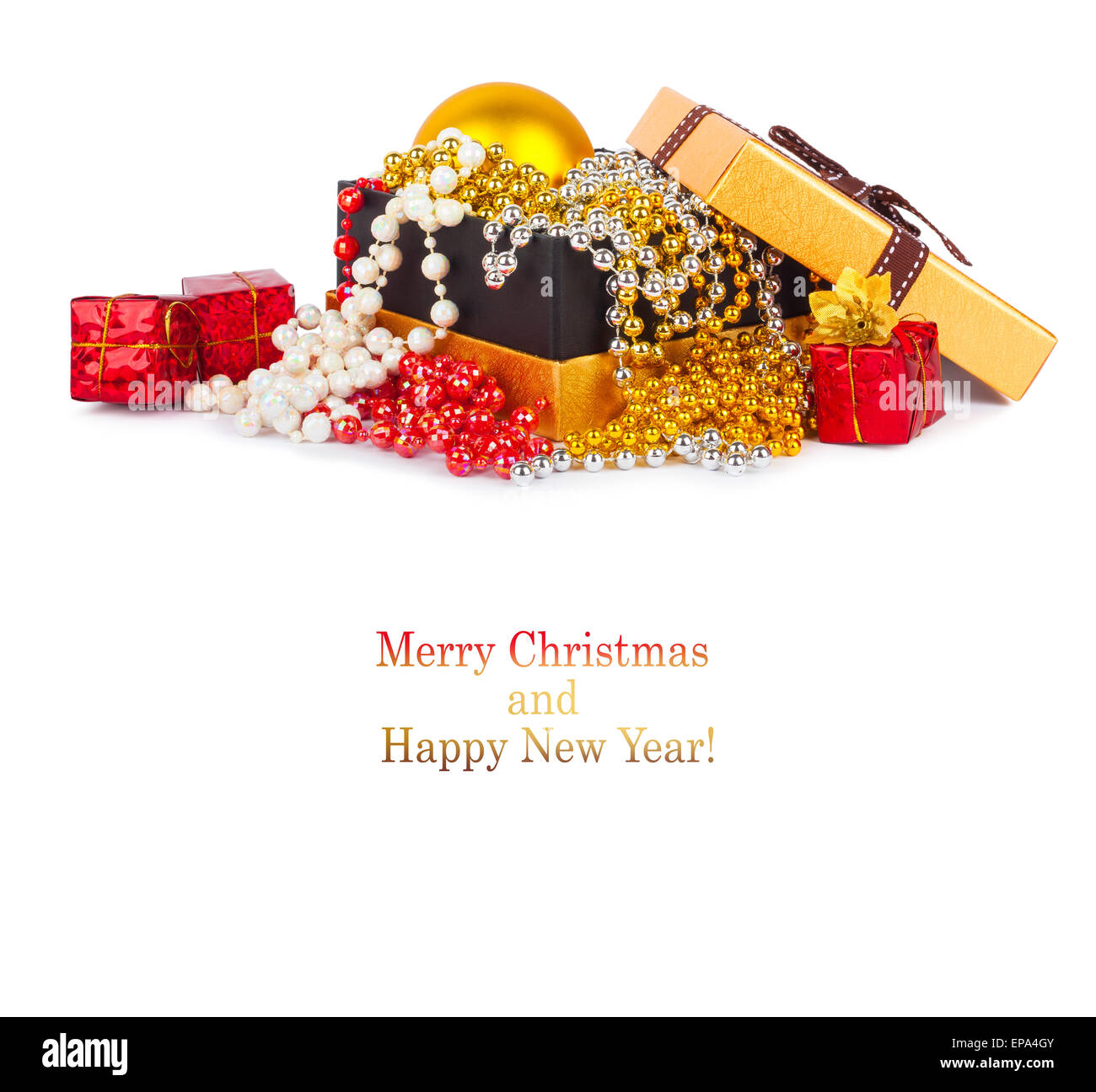 Golden gift box with Christmas balls and garlands of beautiful beads ...