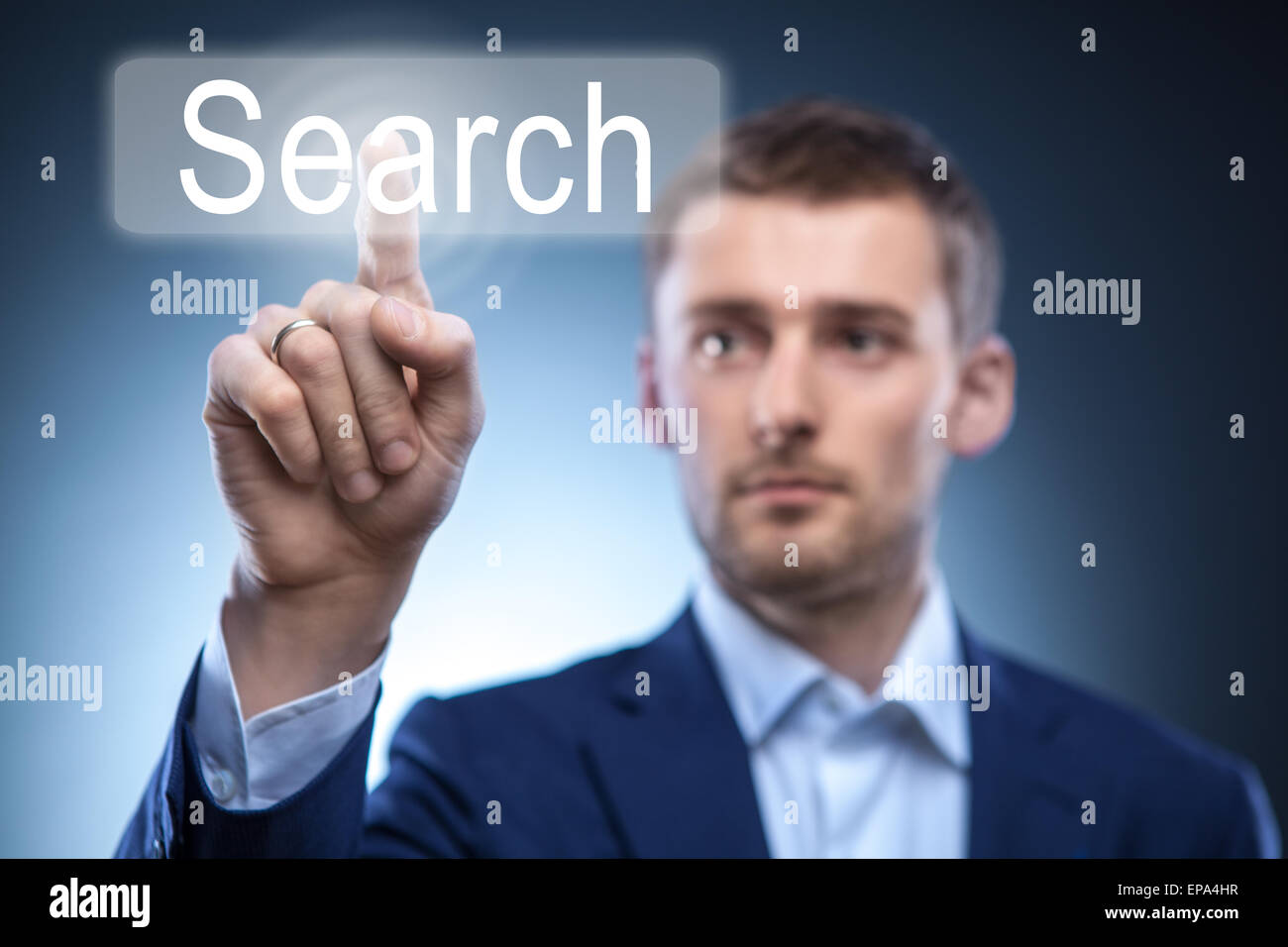 business man pressing Search button on touchscreen Stock Photo - Alamy