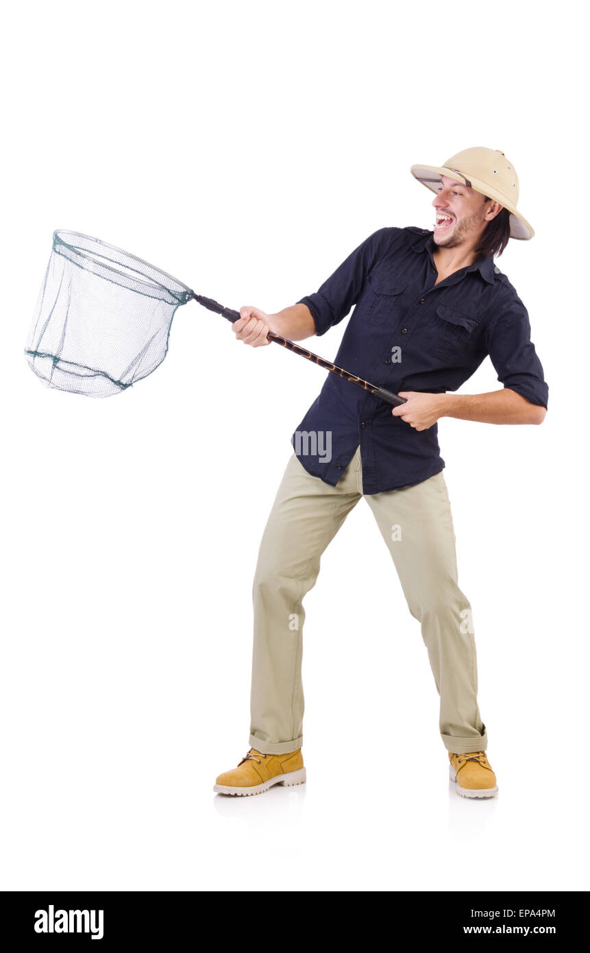 Funny guy with catching net on white Stock Photo - Alamy