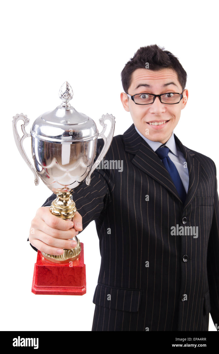 Funny guy receiving award on white Stock Photo - Alamy