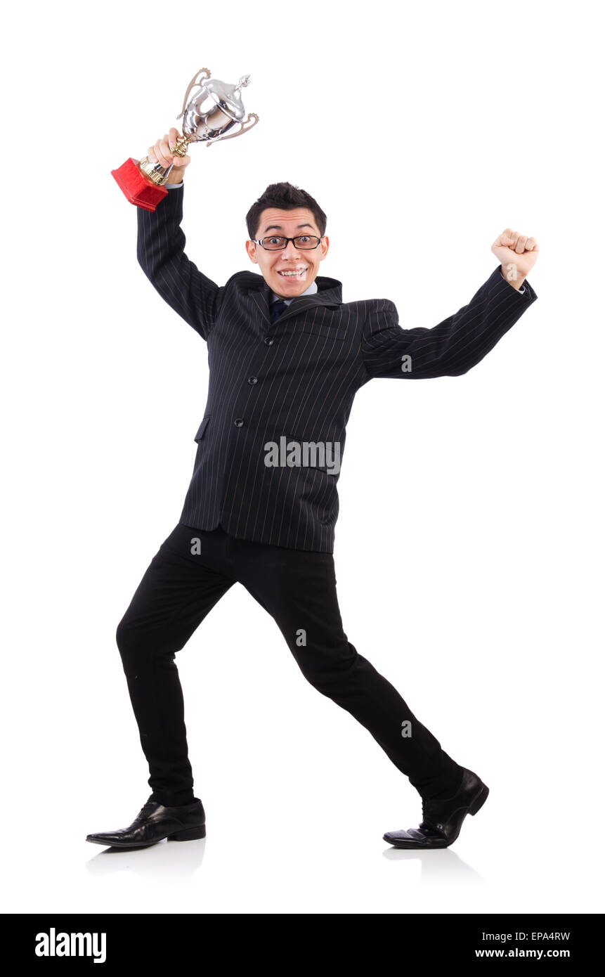 Funny guy receiving award on white Stock Photo - Alamy