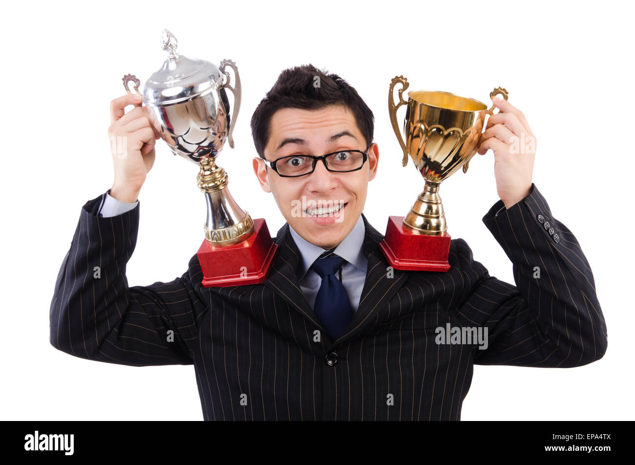 Funny guy receiving award on white Stock Photo - Alamy