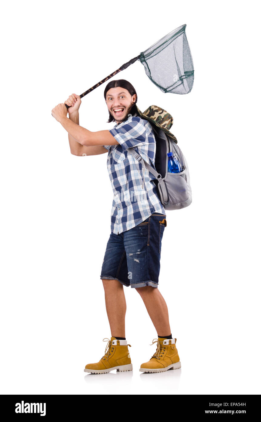 Man with big catching net isolated on white Stock Photo - Alamy