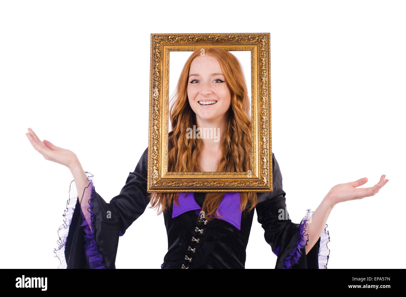 Woman with picture frame on white Stock Photo - Alamy