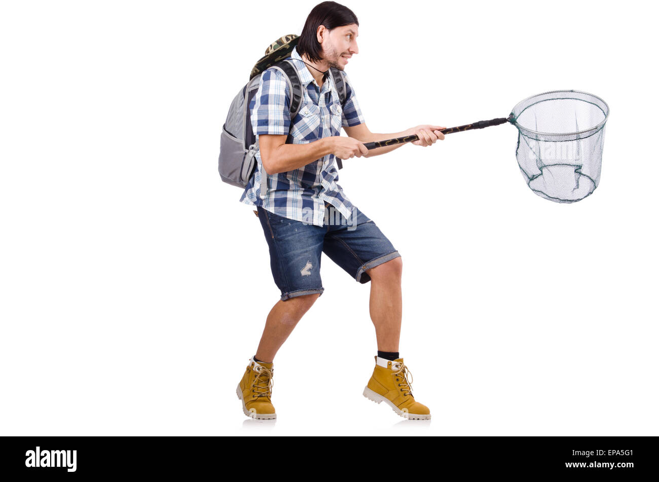 Man with big catching net isolated on white Stock Photo - Alamy