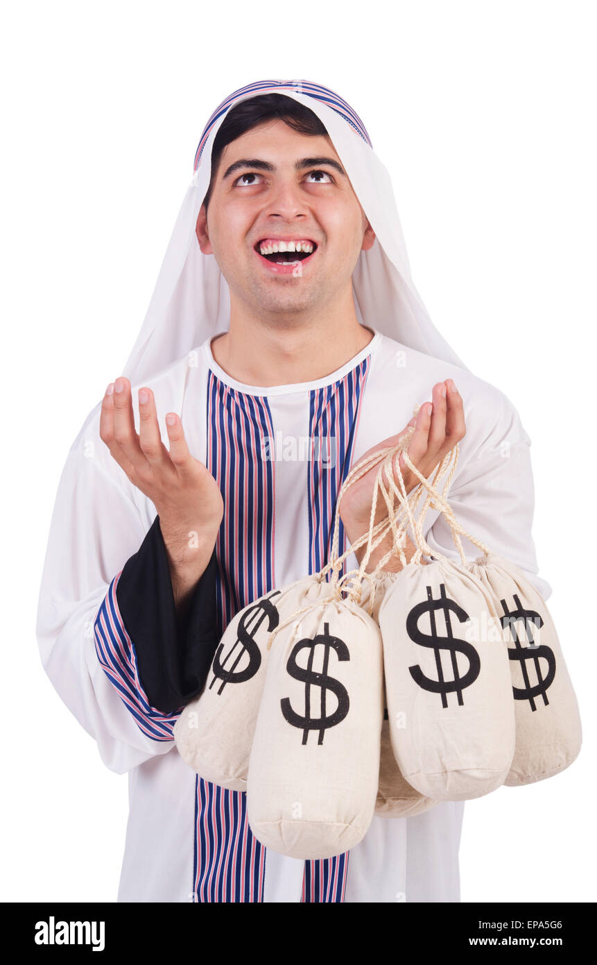 Arab man with money sacks isolated on white Stock Photo - Alamy