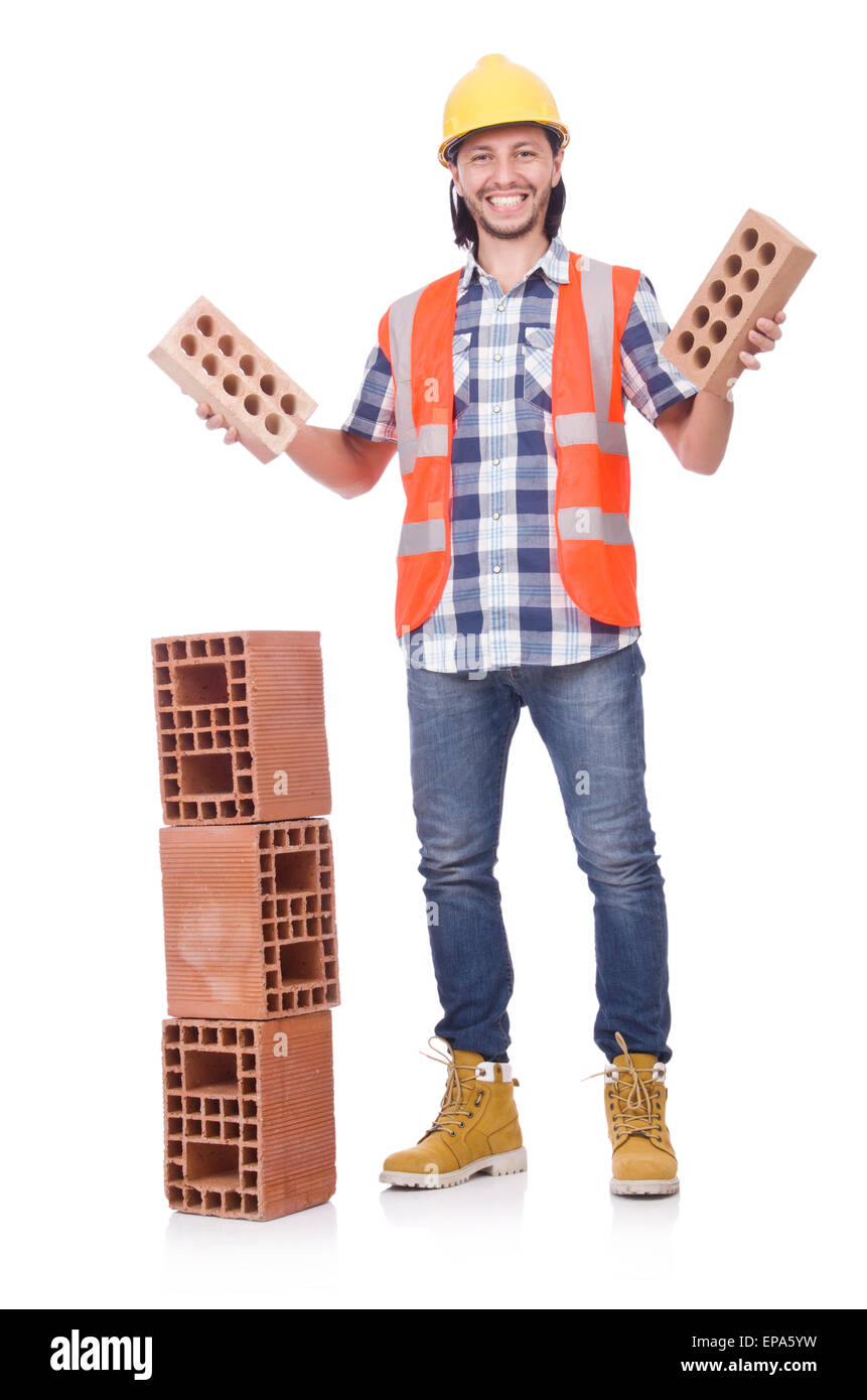 Builder with clay bricks isolated on white Stock Photo - Alamy