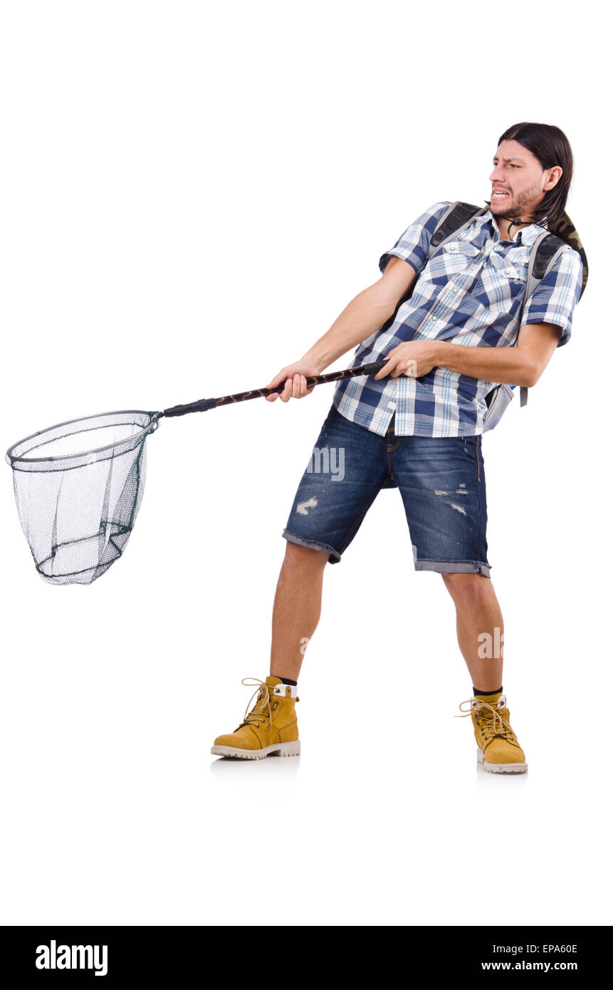 Man with big catching net isolated on white Stock Photo - Alamy