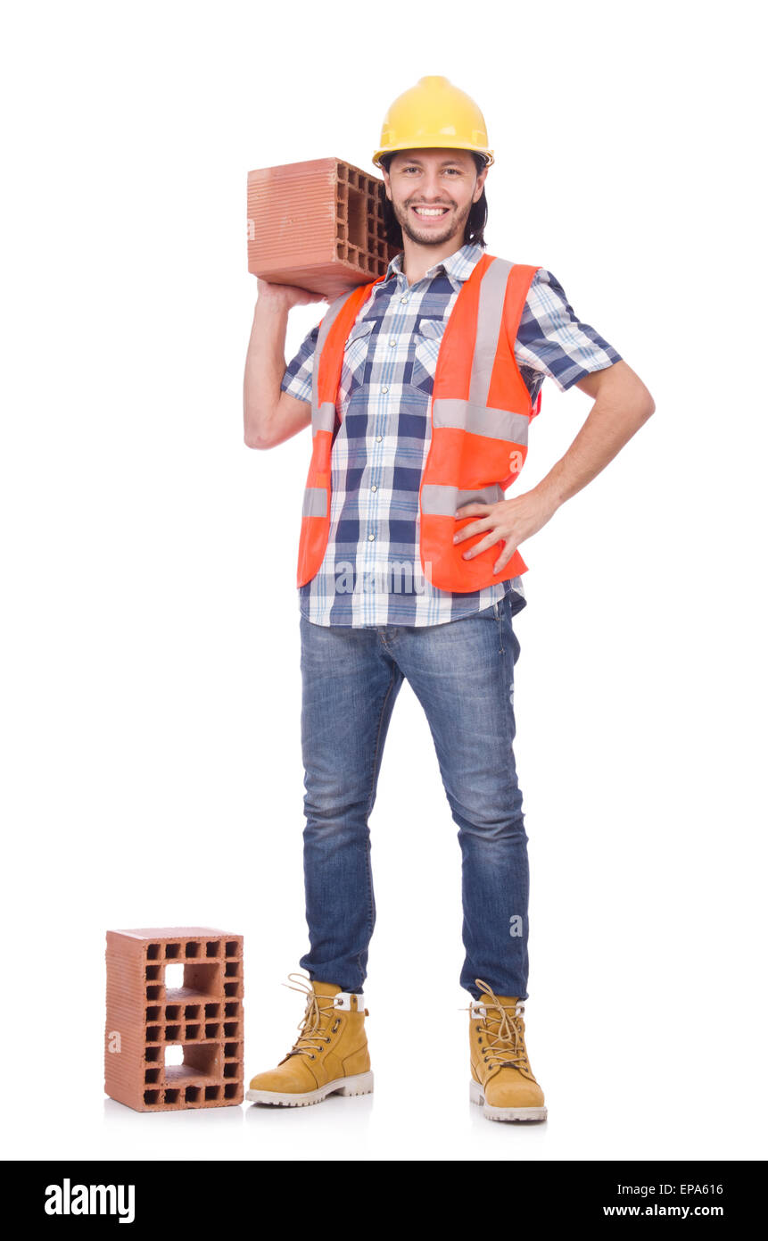 Builder with clay bricks isolated on white Stock Photo - Alamy