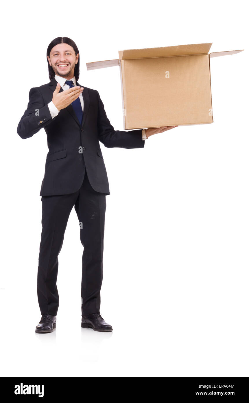 Funny man with boxes on white Stock Photo - Alamy