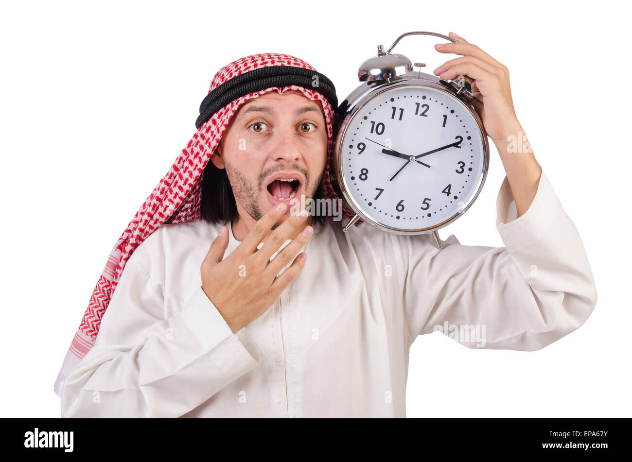 Arab man in time concept on white Stock Photo - Alamy