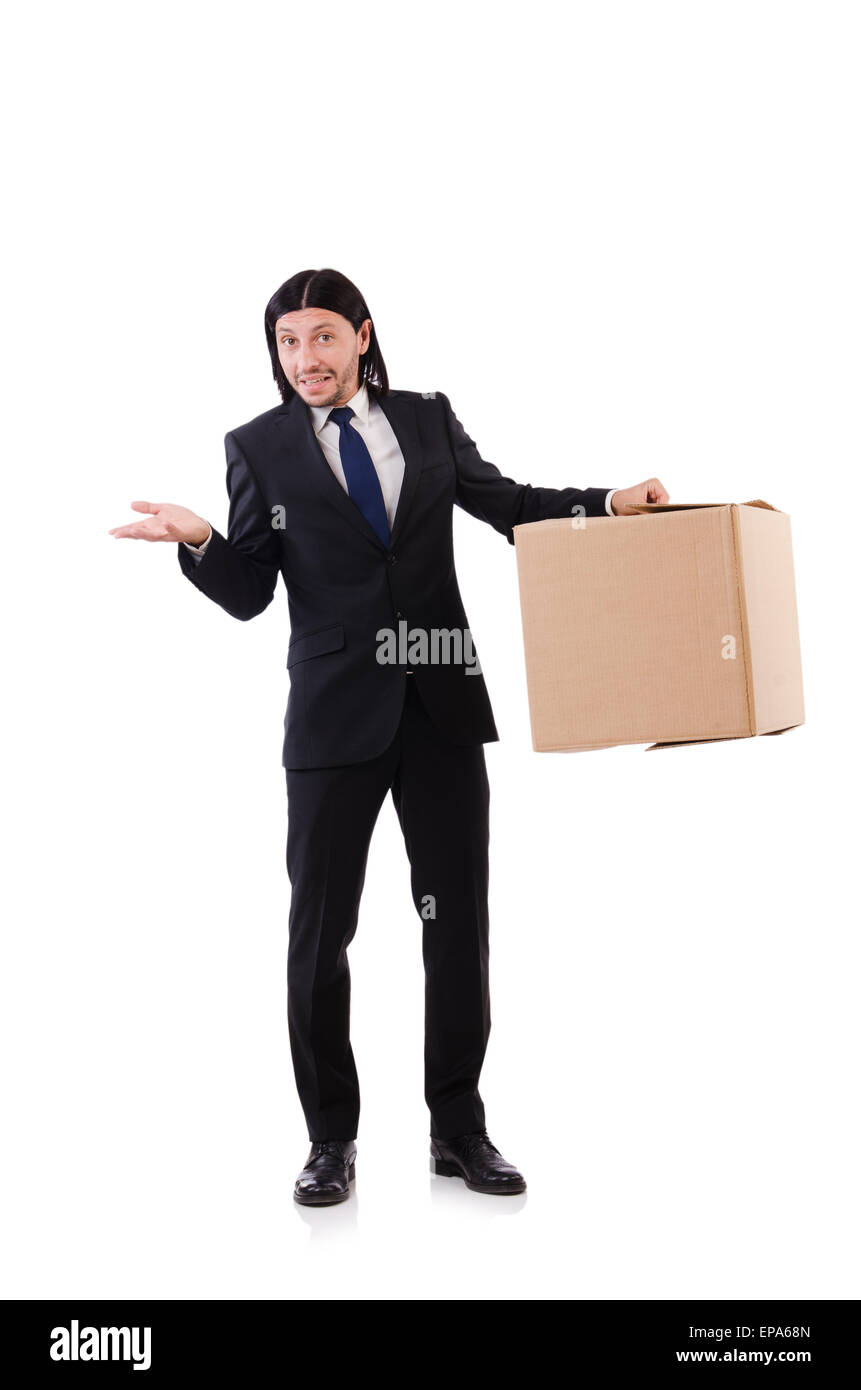 Funny man with boxes on white Stock Photo - Alamy