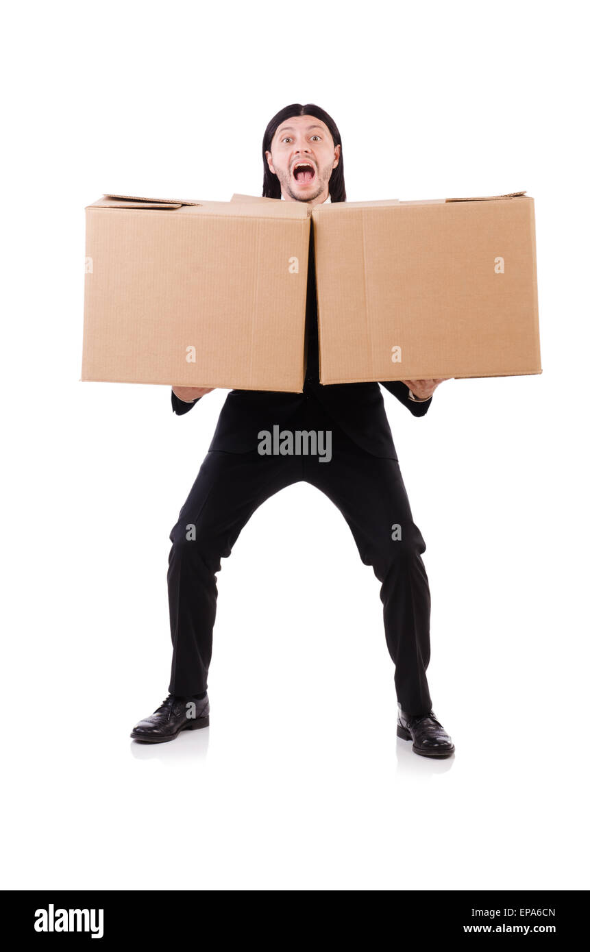 Funny man with boxes on white Stock Photo - Alamy