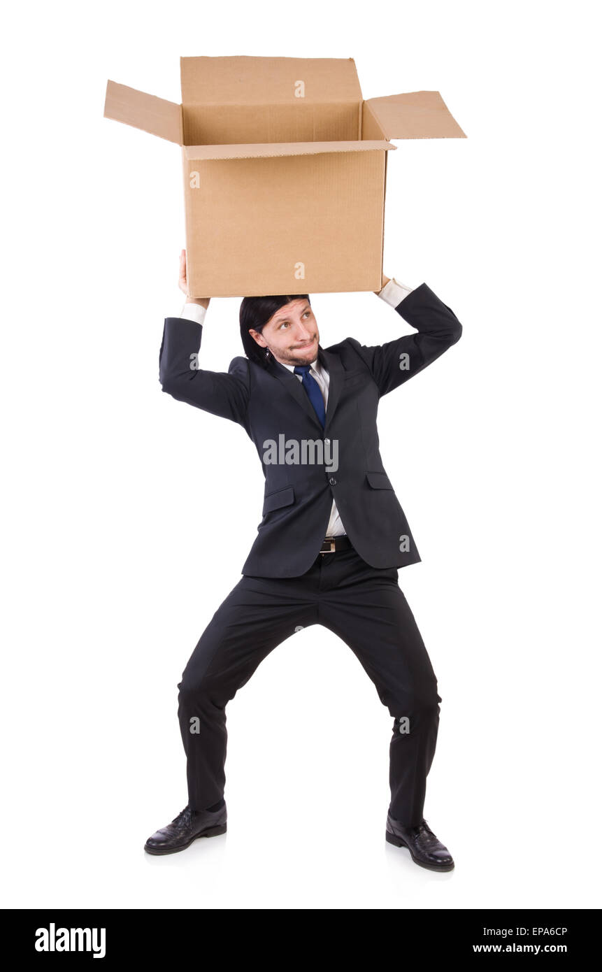 Funny man with boxes on white Stock Photo - Alamy