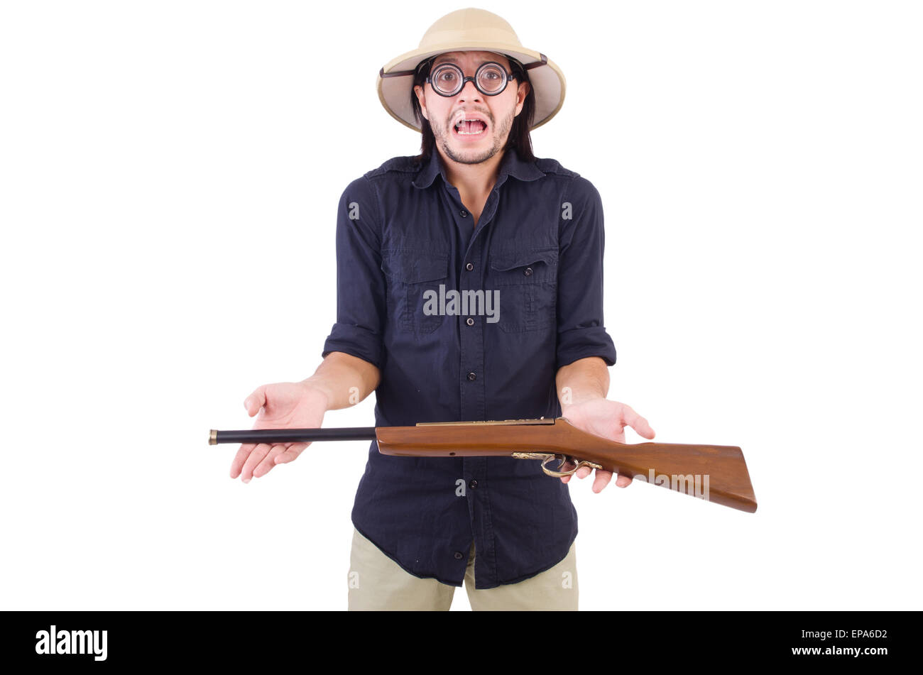 Funny hunter wearing safari hat Stock Photo - Alamy