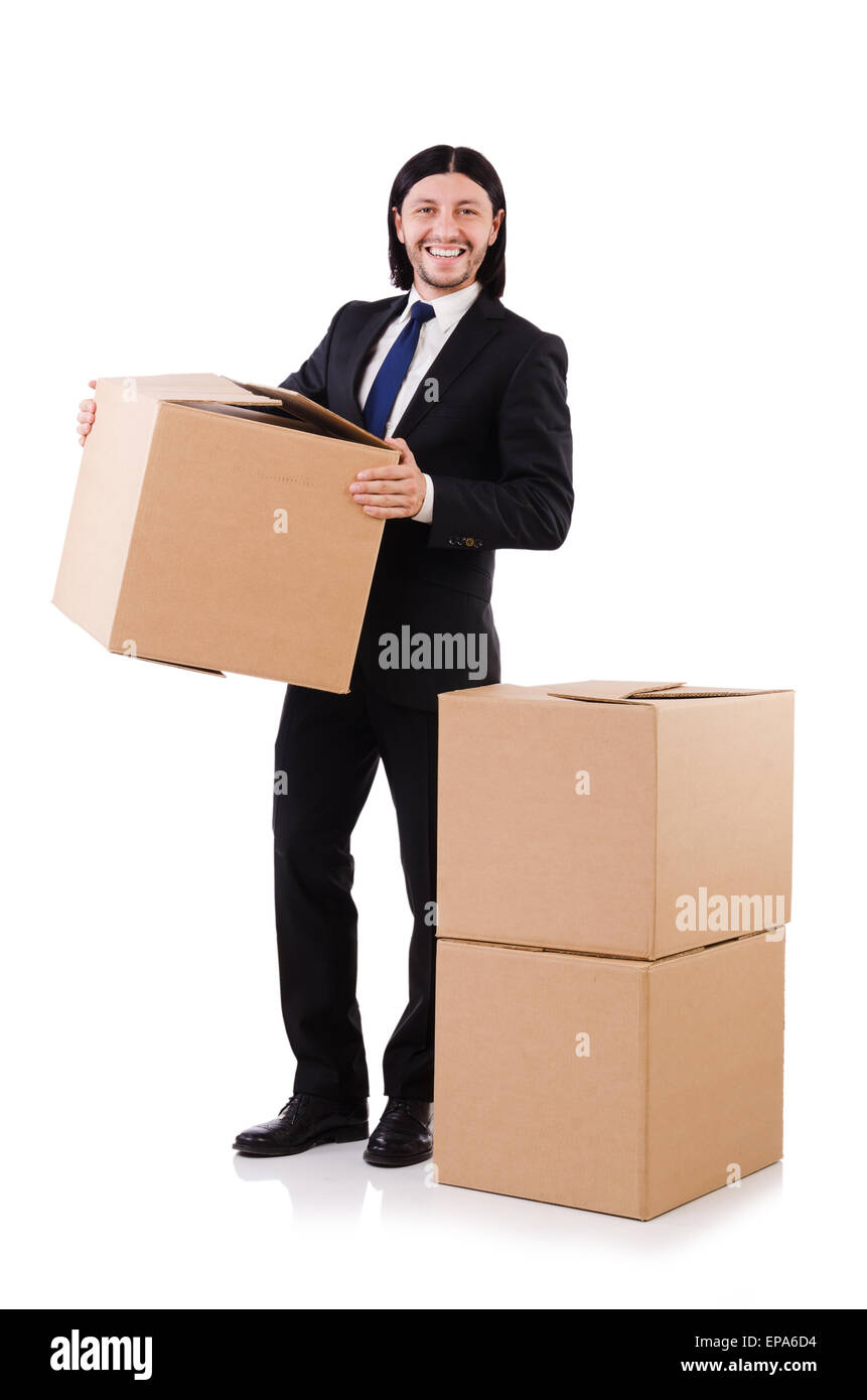 Funny man with boxes on white Stock Photo - Alamy