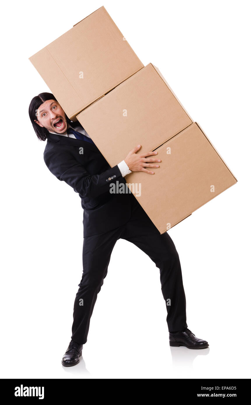 Funny man with boxes on white Stock Photo - Alamy