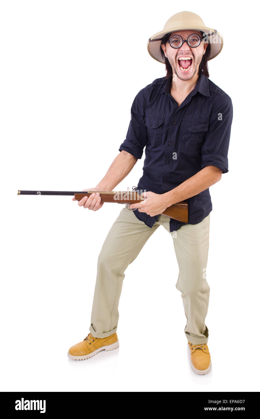 Funny hunter wearing safari hat Stock Photo - Alamy