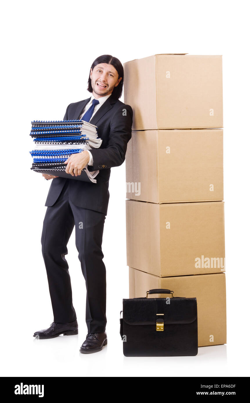 Man with boxes full of work Stock Photo - Alamy